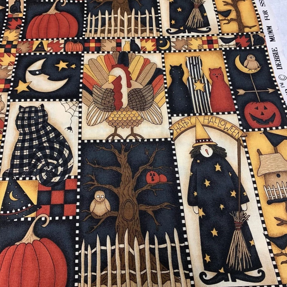 Vtg Halloween Fall Harvest Collage Fabric By Debbie Mumm SSI Witch ...