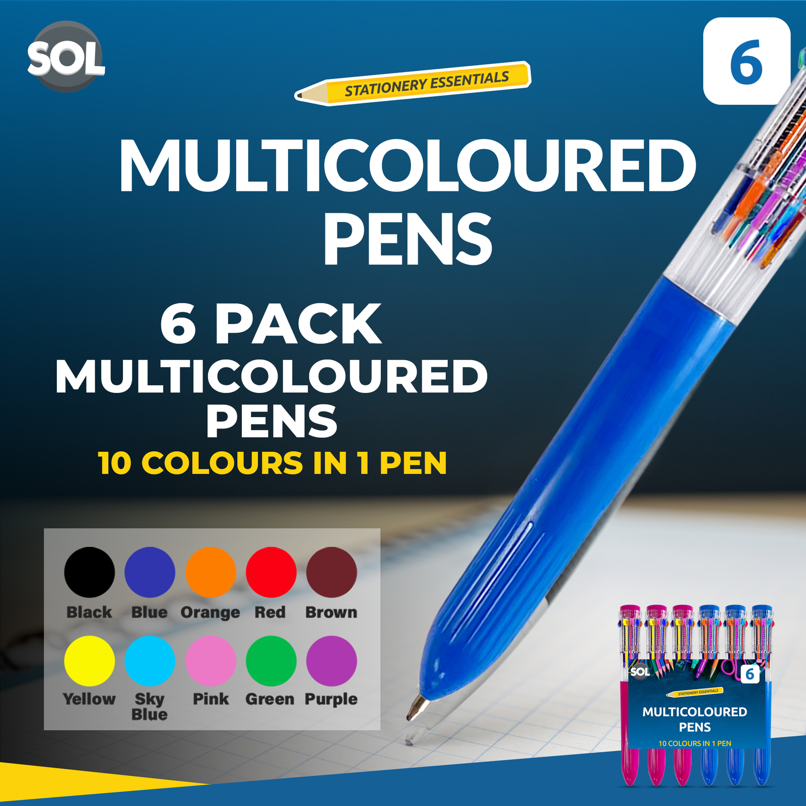 6pk Jumbo 10 in 1 Multi Colour Pens Retractable Ball Point Pen Drawing ...