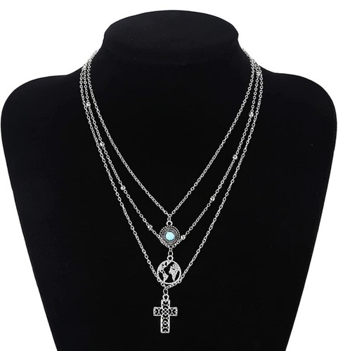 Jovono Boho Layered Turquoise Pendant Necklaces Silver Cross Map ...