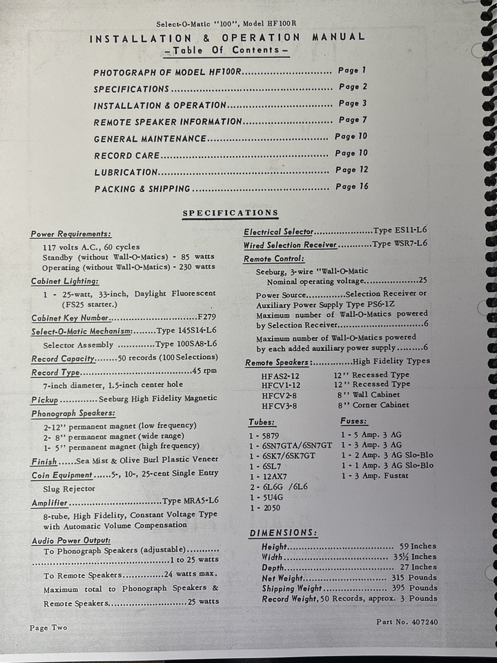 *NEW* Seeburg Model R Installation And Operation Manual | eBay