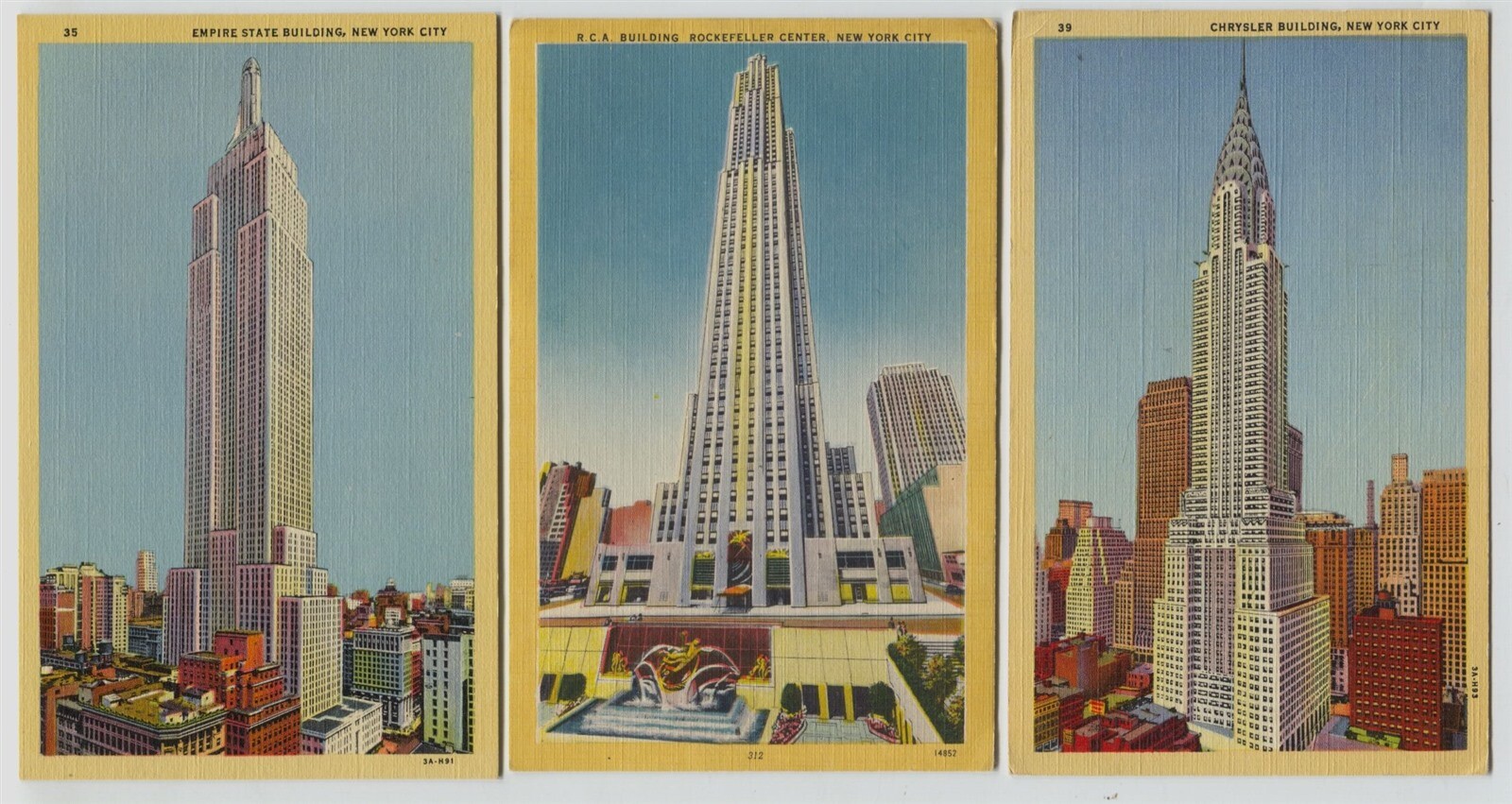 4 Linen New York City Skyscraper Cards Superb Color Art Deco ...