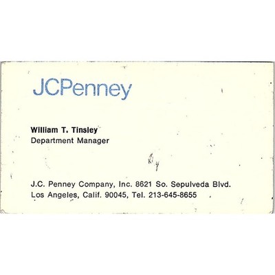 JC Penney Co William T Tinsley Los Angeles CA Vintage Business Card SB4 ...