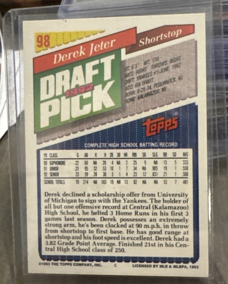 1992 Topps Draft Pick Derek Jeter Rookie RC 98 - MLB New York Yankees ...