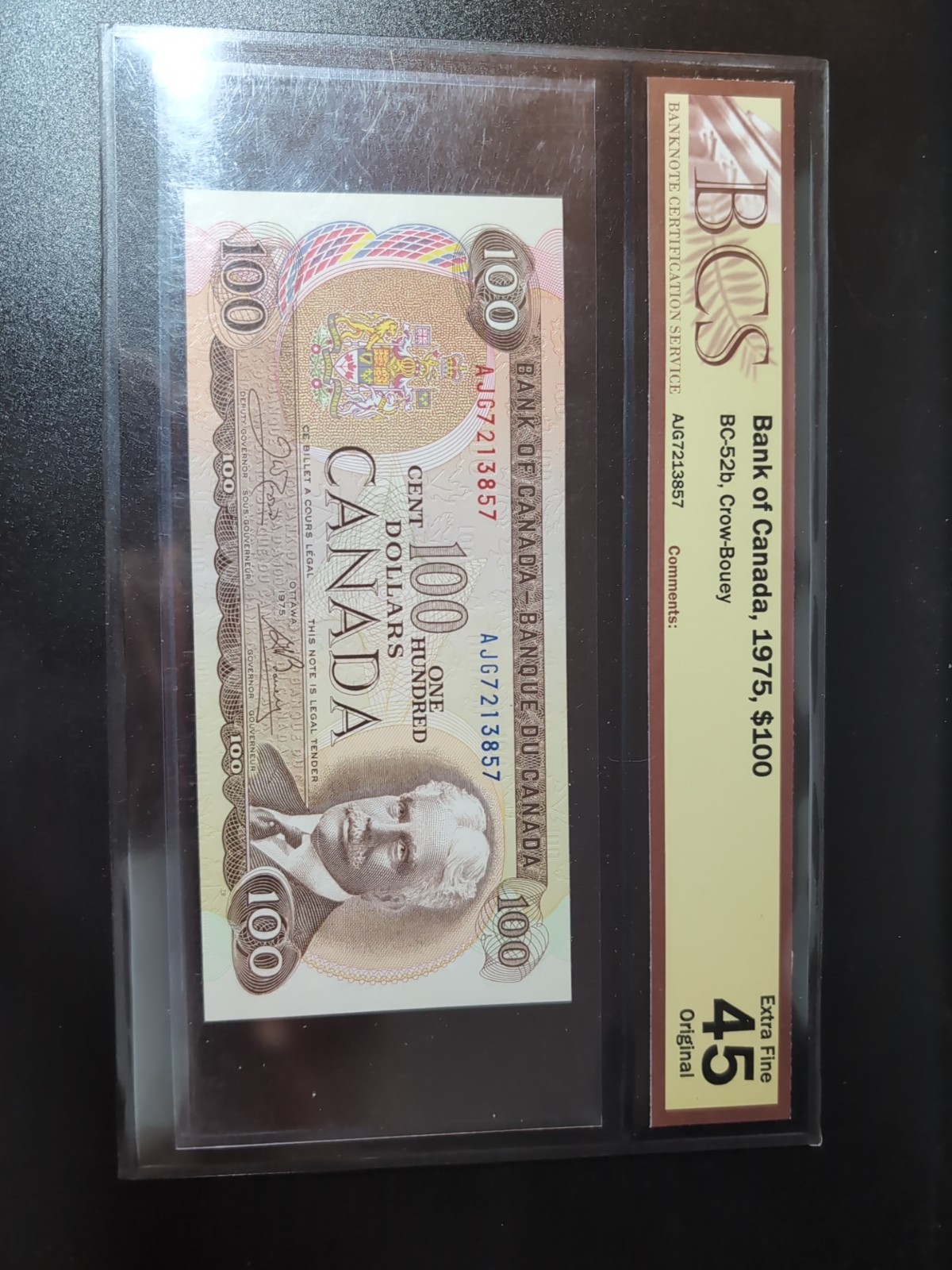 Canada 1975 $100 Bank Note - BCS GRADED - AJG Prefix - Crow-Bouey | eBay
