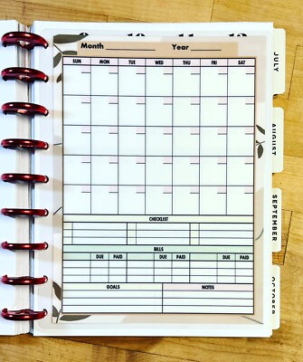 Blank Monthly Calendar Dashboard Insert 4 use with HAPPY Planner- | eBay