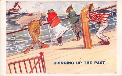 Comic Old Postcard of Seasick People on Ship's Deck-Bringing Up The ...