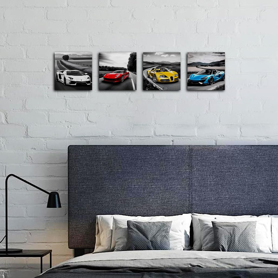 Car Wall Art 4PC Sports Car Canvas Wall Art Framed Colorful Supercar ...
