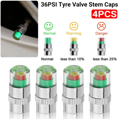 4 x Car Valve Tyre Caps Dust Monitor Wheel Pressure PSI Tire Air Sensor ...