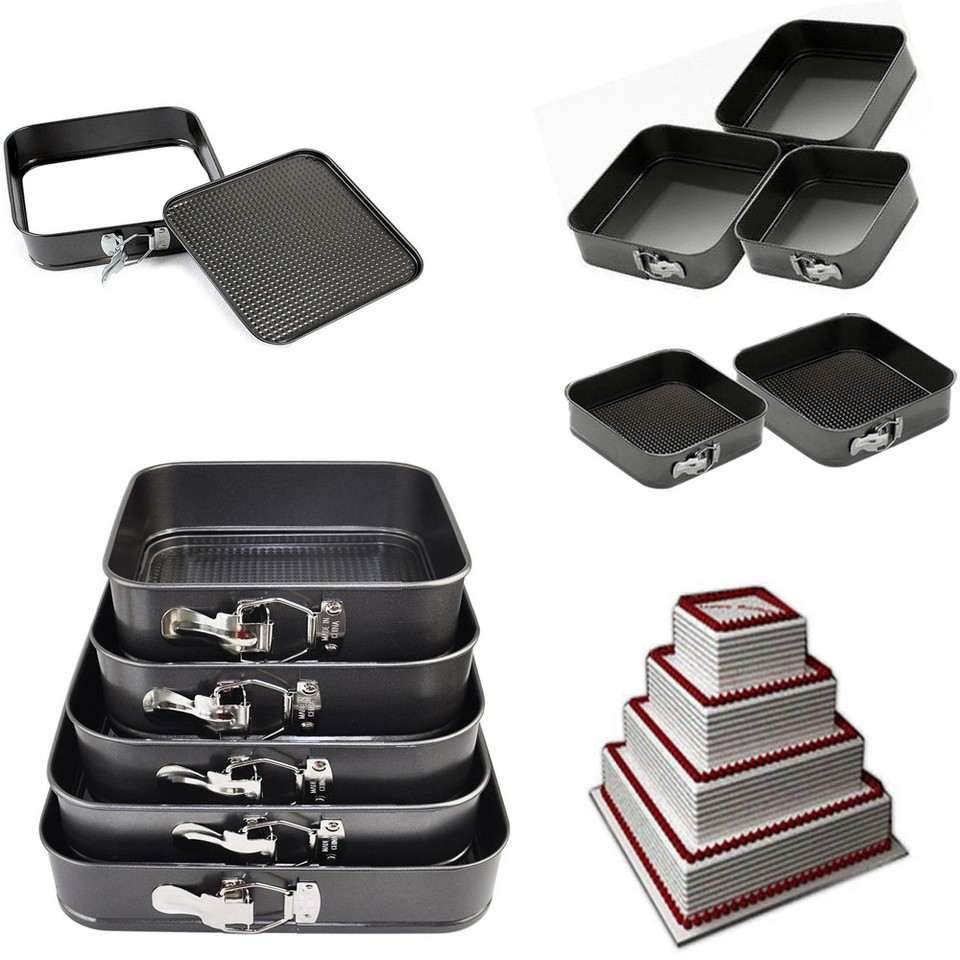 5PC SQUARE CAKE TINS NON STICK BAKING SET OF 5 BAKE TRAYS 5 TIER ...