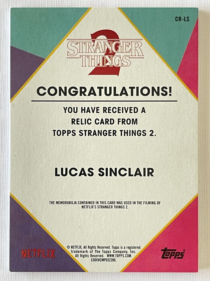2019 Topps Stranger Things Season 2 Lucas Sinclair Costume Relic Card ...