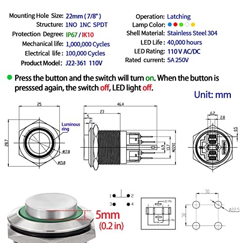 2-Pack 22mm Latching Push Button Switch IP67 Waterproof 110V 120V AC ...