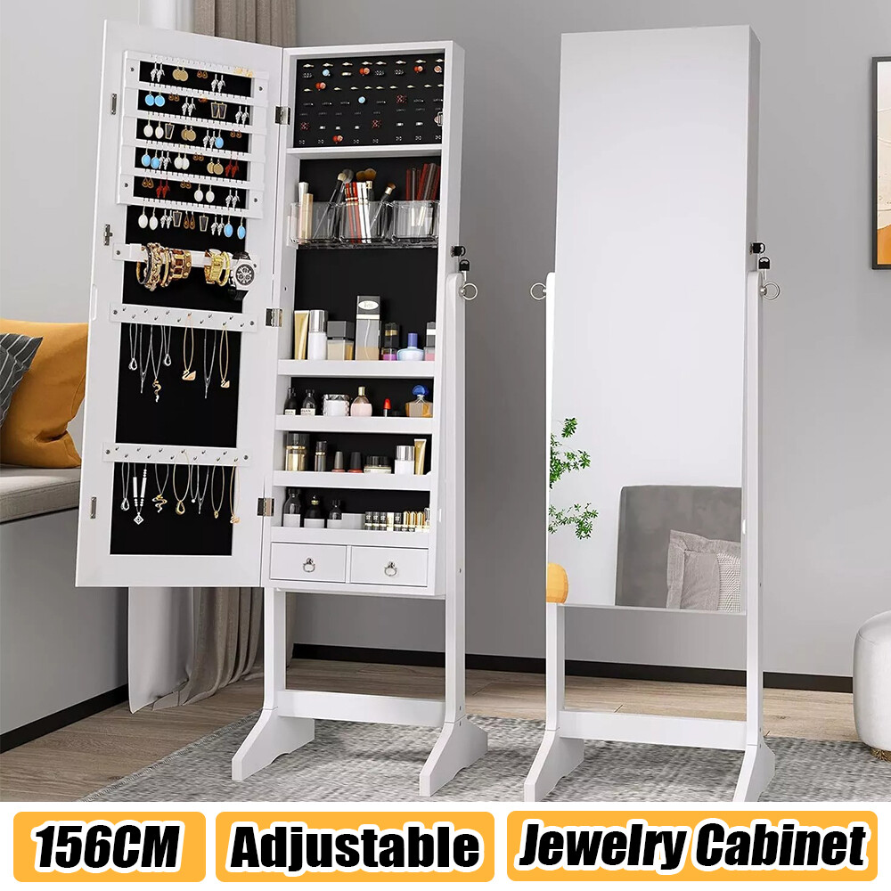 White Mirror With Jewelry Box Armoire With LED Lights | Dressing Room