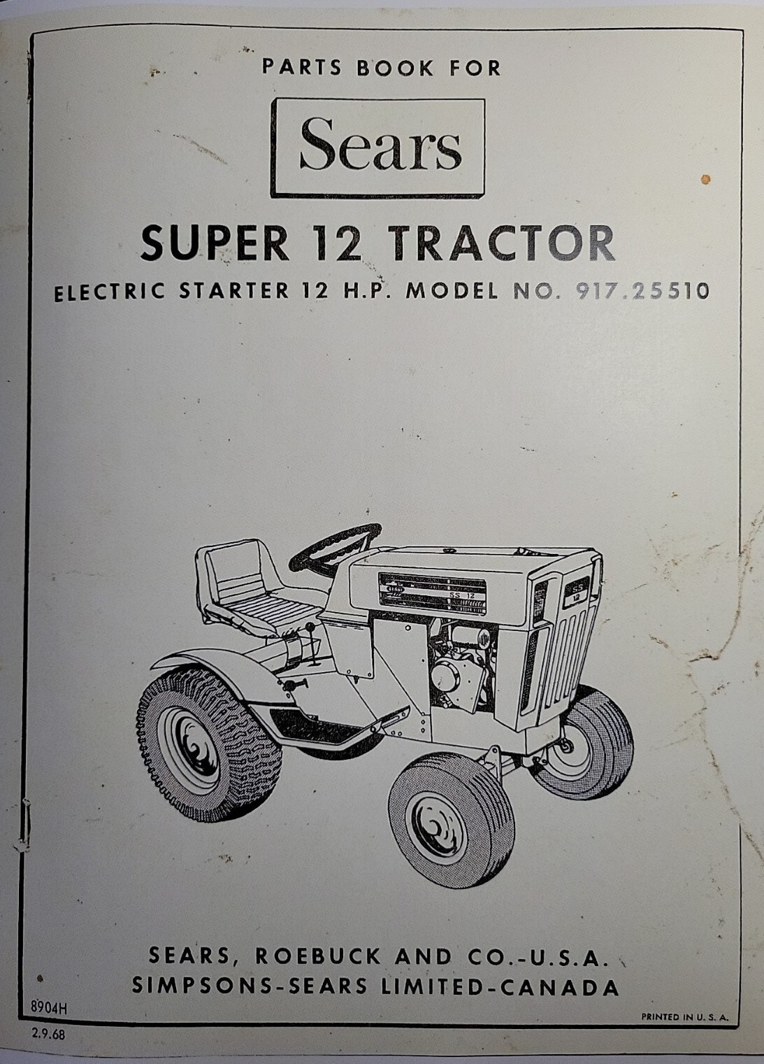 Sears Suburban SUPER-12 SS-12 Lawn Garden Tractor Parts Manual 917. ...