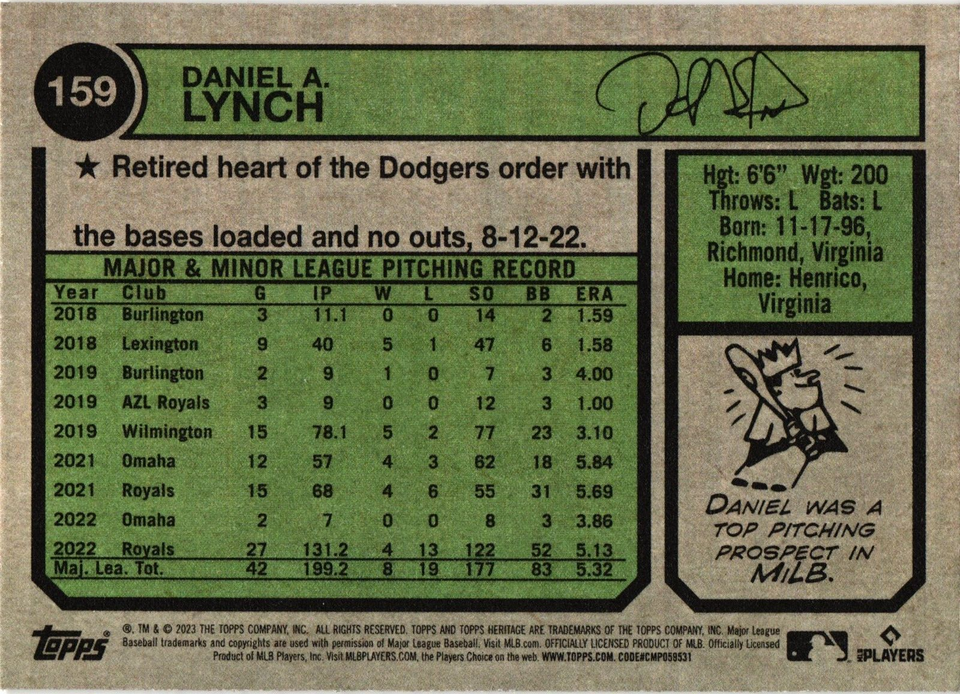 2023 Topps Heritage #59 Daniel Lynch Kansas City Royals Baseball Card ...