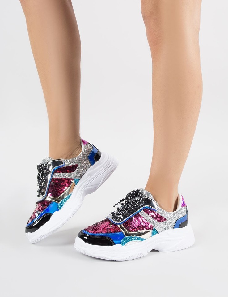 WOMENS MIX SEQUIN SPARKLY TRAINERS LACE UP FASHION SPORTS SNEAKERS ...