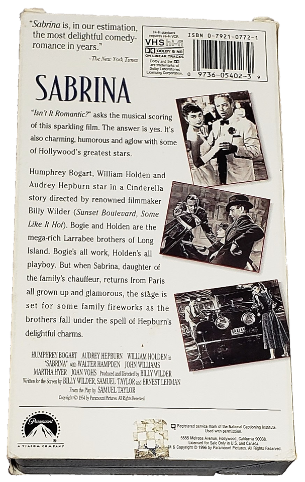 Sabrina 1954 VHS, 1996 Edition Audrey Hepburn Humphrey Bogart ...
