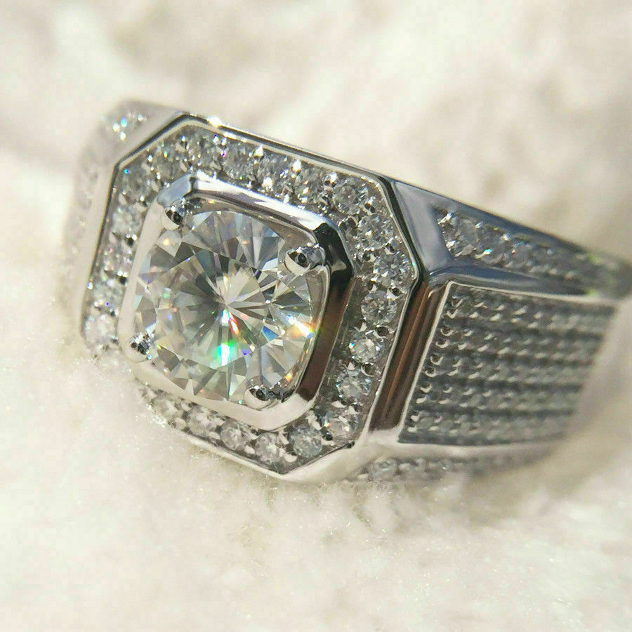 2.05CT Round Brilliant CZ Man's Pave Setting Engagement Ring In 935 ...