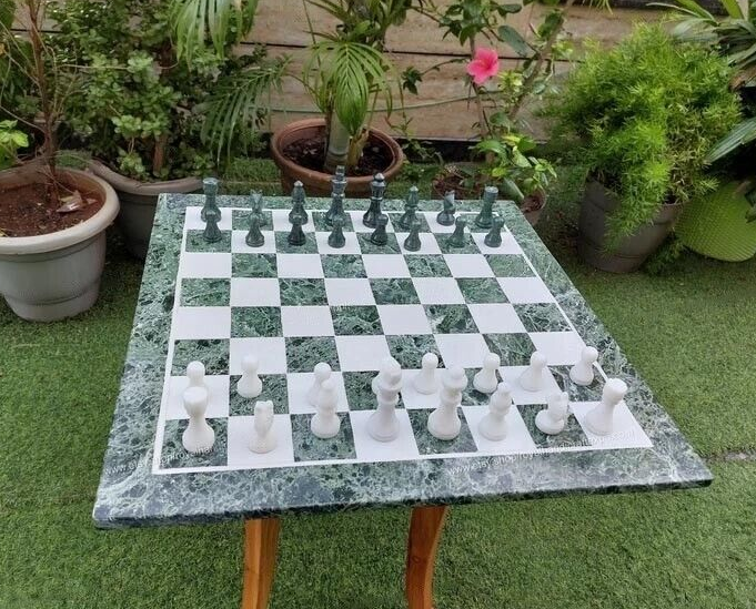 20"x20" Chess Set in Natural Green Granite Marble with Green and White ...