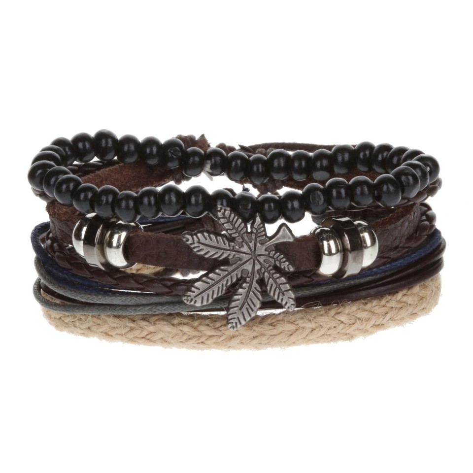 Mens Leather Bracelet Surfer Wide Multi Row Layer Stack Wristband Wrap ...