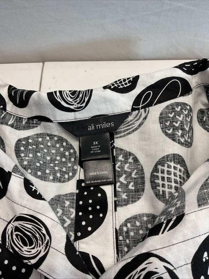 NEW Ali Miles Top Tunic 3X Black White polka dot Linen Button swing ...