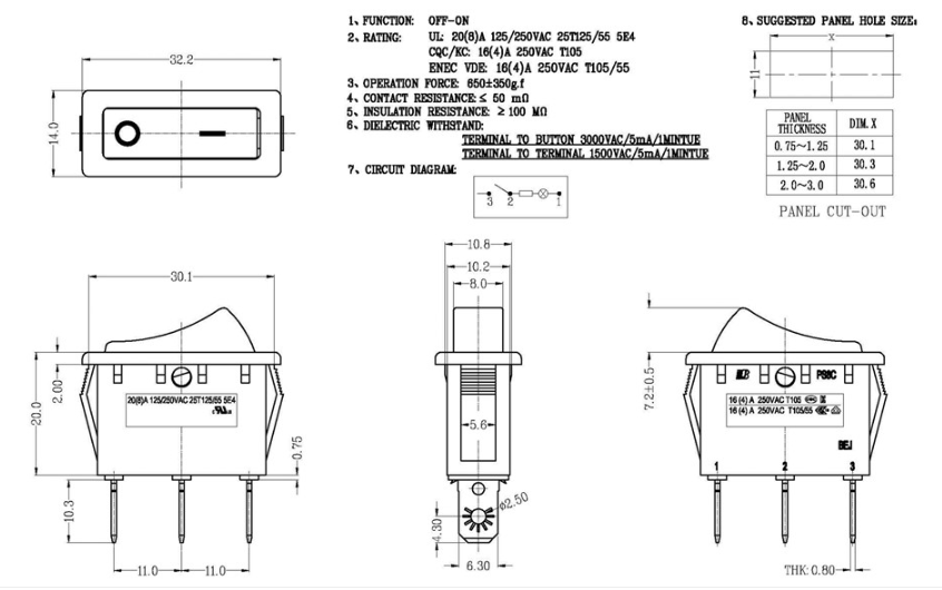 Red light rocker switch 3-pin 16(4)A 250VAC T105/55 20(8)A 125/250VAC ...