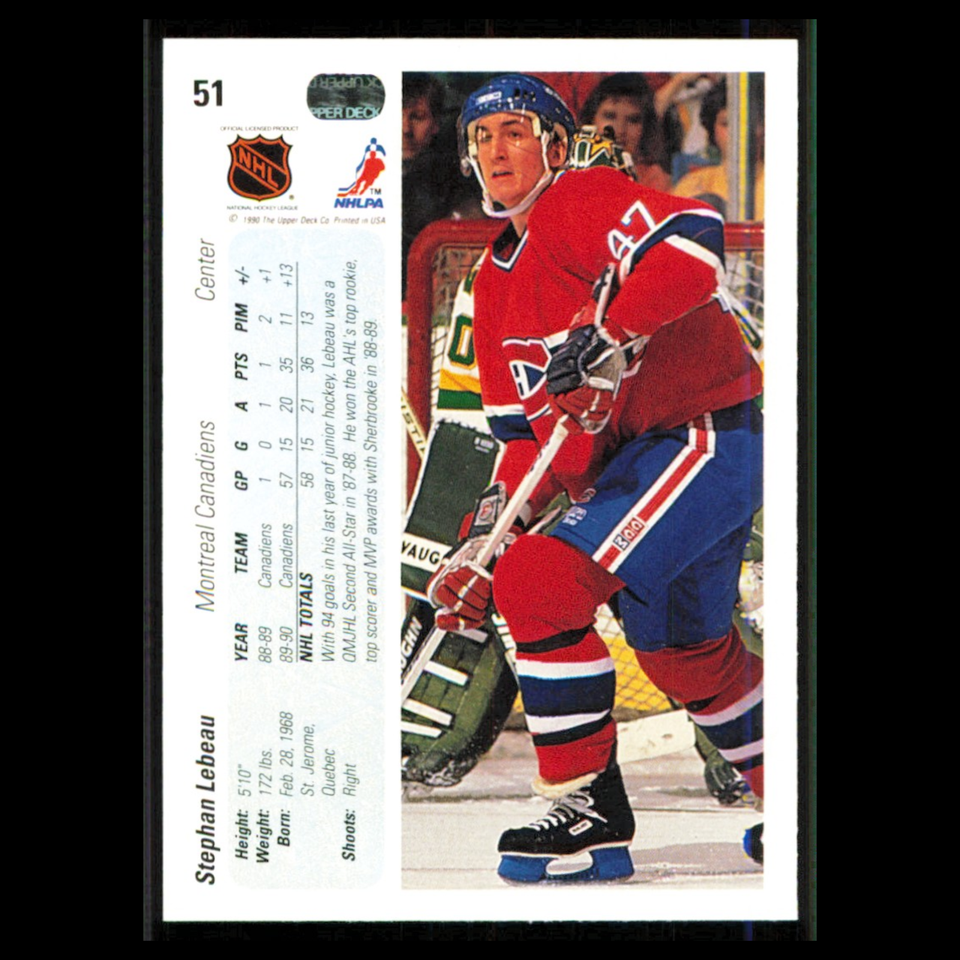 Stephan Lebeau Rookie #51 1990 Upper Deck Montreal Canadiens Hockey ...