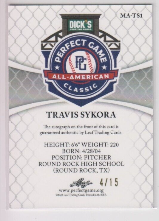 2022 Leaf Perfect Game TRAVIS SYKORA Washington Nationals PINK ROOKIE ...
