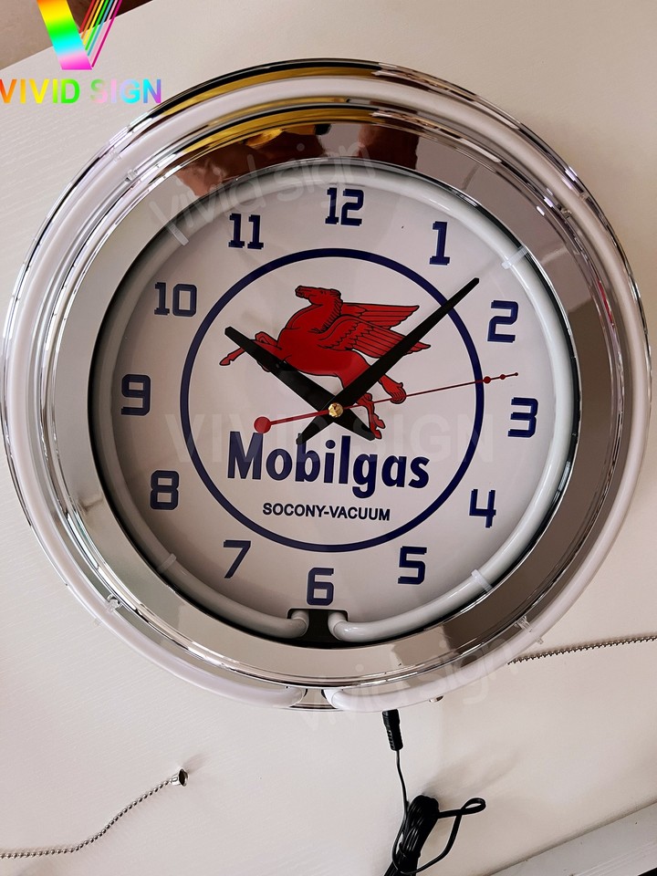 15" Neon Clock Mobil Gas Mobilgas Pegasus Oil Socony Oil Light Sign ...