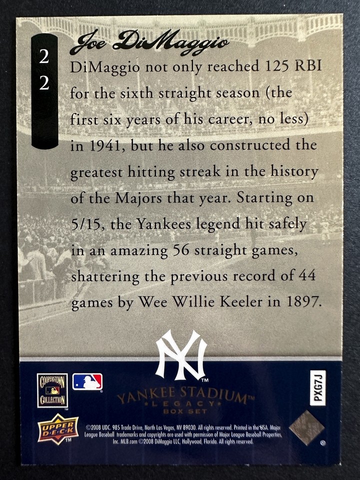 Joe DiMaggio 2008 Upper Deck Yankee Stadium Legacy New York Yankees #22 ...