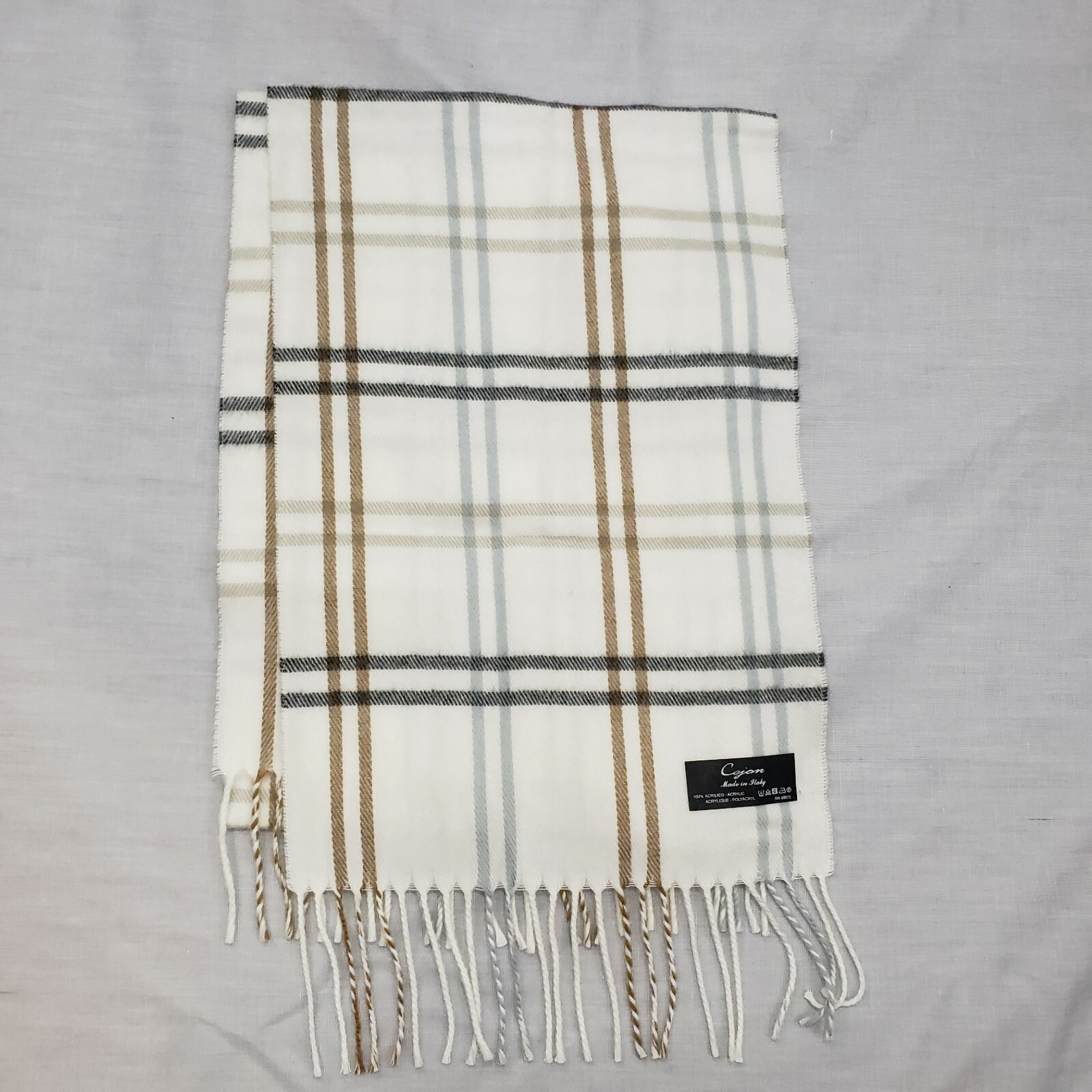 Cejon Italian Fringe Scarf White Neutral Tones Gray Tan Stripe Wide ...