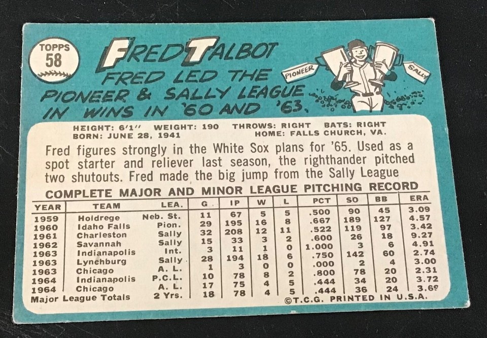 1965 Topps Baseball Trading Card #58 Fred Talbot VG | eBay