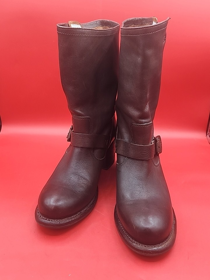 FRYE BROWN LEATHER Block Heel Veronica Short Moto Biker Harness Boots ...