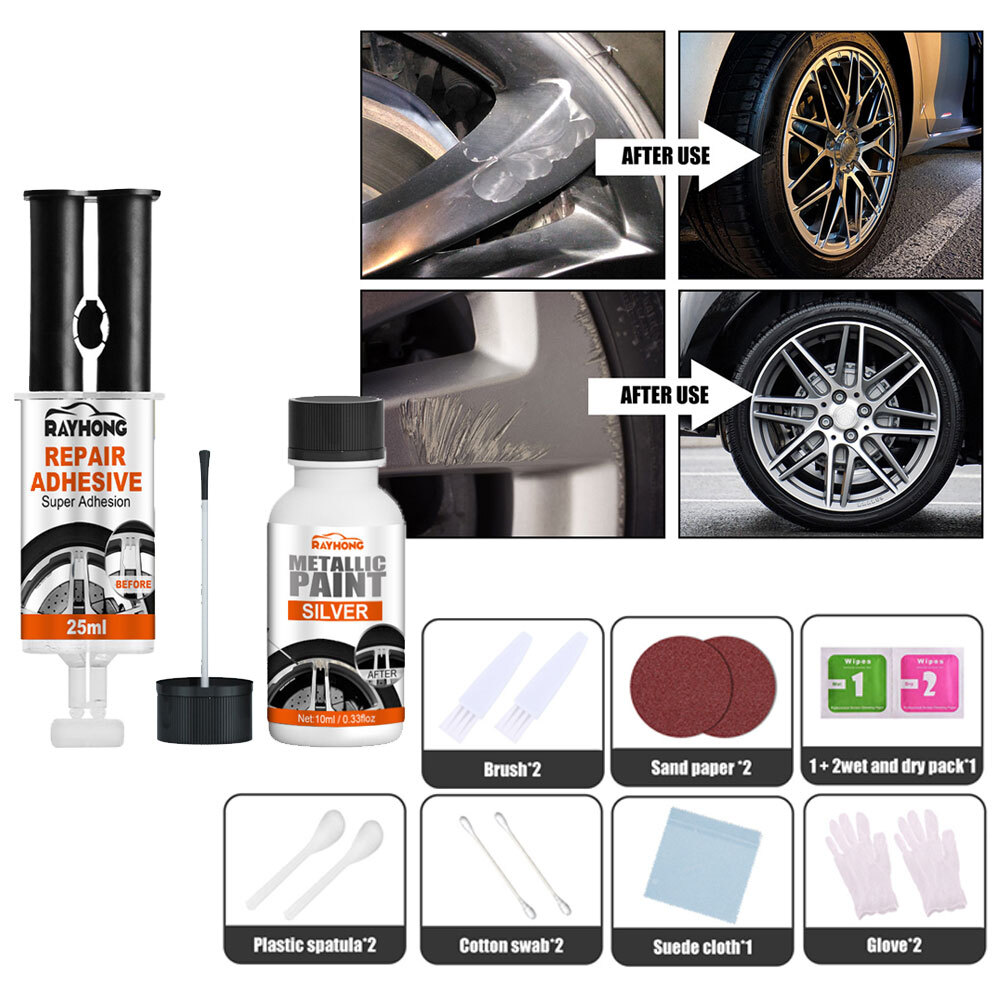 Alloy Wheel Repair Kit Dent Scratch Damage Repair Adhesive Silver Paint ...