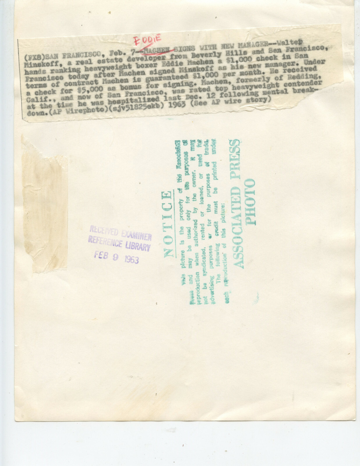 HEAVYWEIGHT BOXER "EDDIE MACHEN" 1963 PRESS PHOTO (FOUGHT E. TERRELL ...