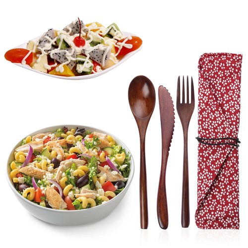 Dinnerware Cutter Spoon Fork With Bags Reusable Wooden Cutlery Bamboo ...