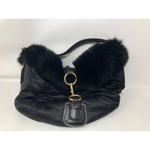 Authentic Coach Quilted Satin & Rabbit Fur Black Leather Handbag Purse ...