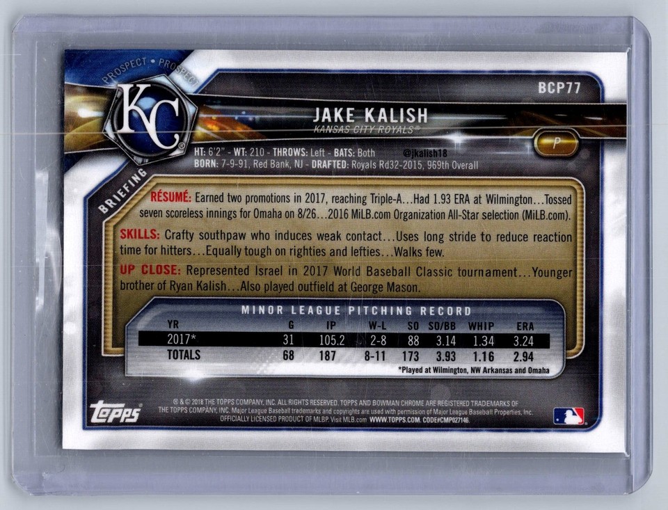 2018 Bowman #BCP77 Jake Kalish /250 RC Chrome Prospects Purple ...