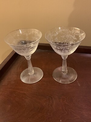 VINTAGE FOSTORIA WINE GLASS ETCHED BOW RIBBON FLOWER GARLAND SET OF 2 ...