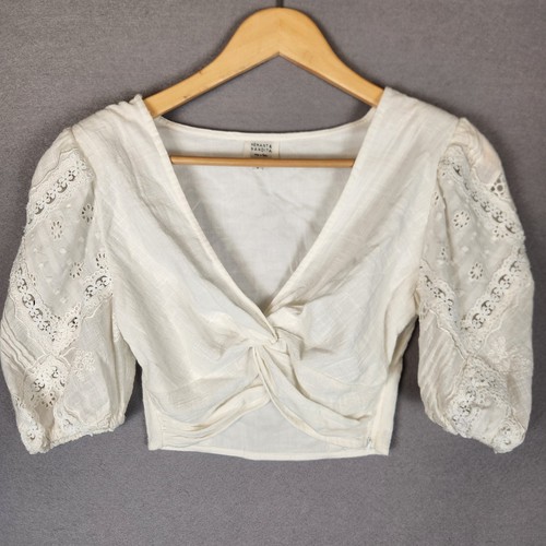 Hemant & Nandita Ruby Crop Top Women's S Ivory Eyelet Lace Puff Sleeve ...