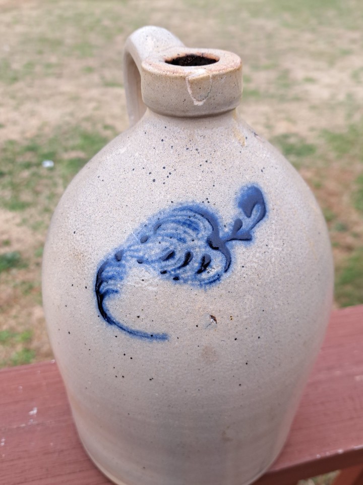 Antique Primitive Stoneware Jug Pottery Cobalt Floral Design 1 Gallon ...
