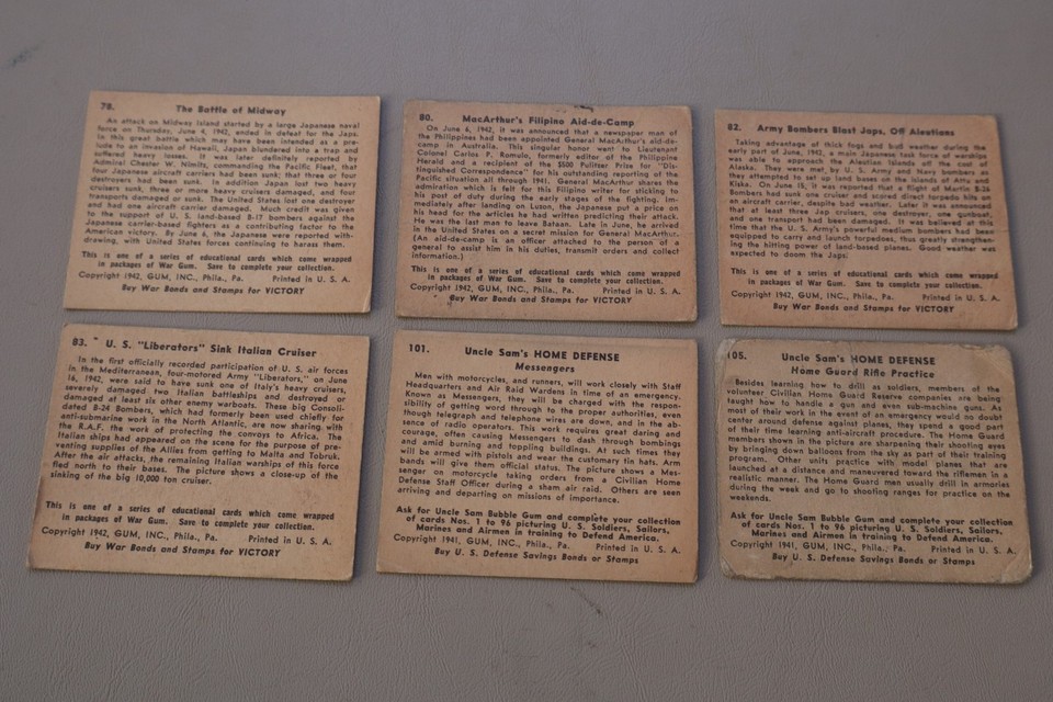 1942 War Gum Cards Lot of 6 #78 80 82 83 101 105 - SEE PHOTOS FOR ...