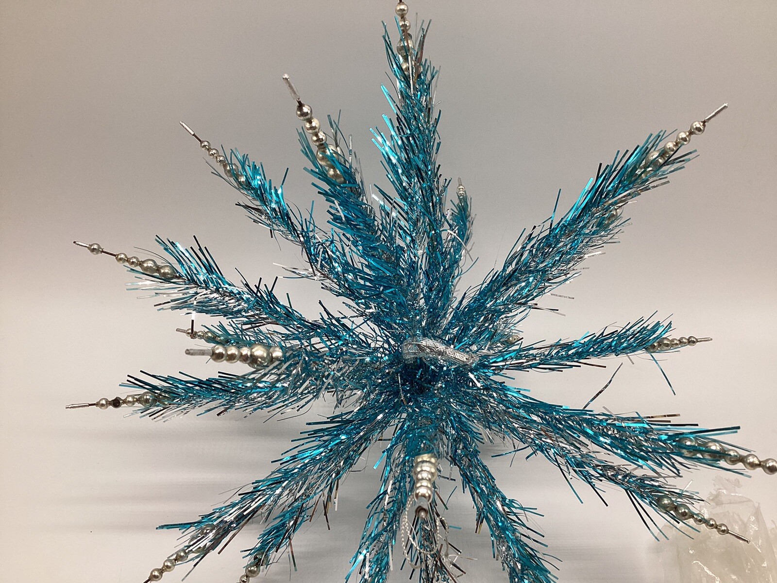 Vintage 16” Sun Burst Mercury Glass Bead Blue Silver Tinsel Christmas ...