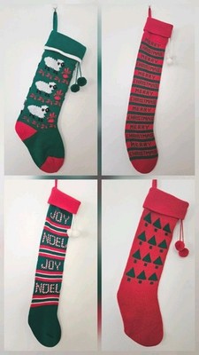 VTG Long Knit Christmas Sheep Tree Greeting Stockings w/ Pom Poms 18-30 ...