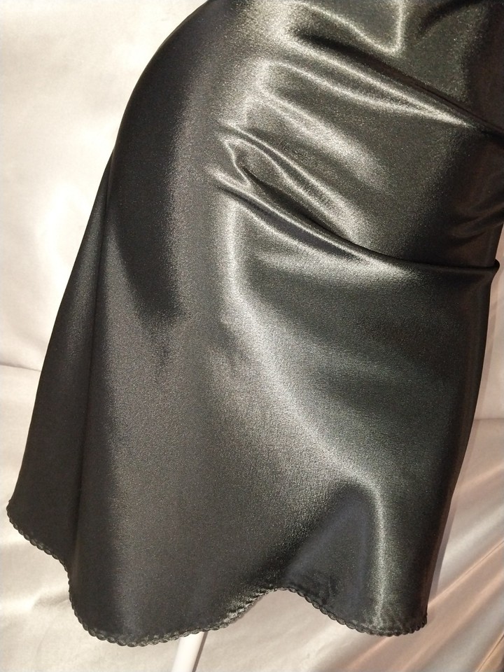 VTG FARR WEST DRESS SLIP FULL EMBRD BODICE BLACK SATIN LIQUID SHINY ...