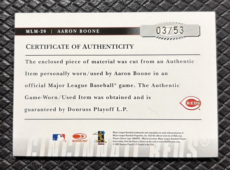 AARON BOONE 2005 Donruss Prime Patches Prime SICK Patch /53 Yankees ...