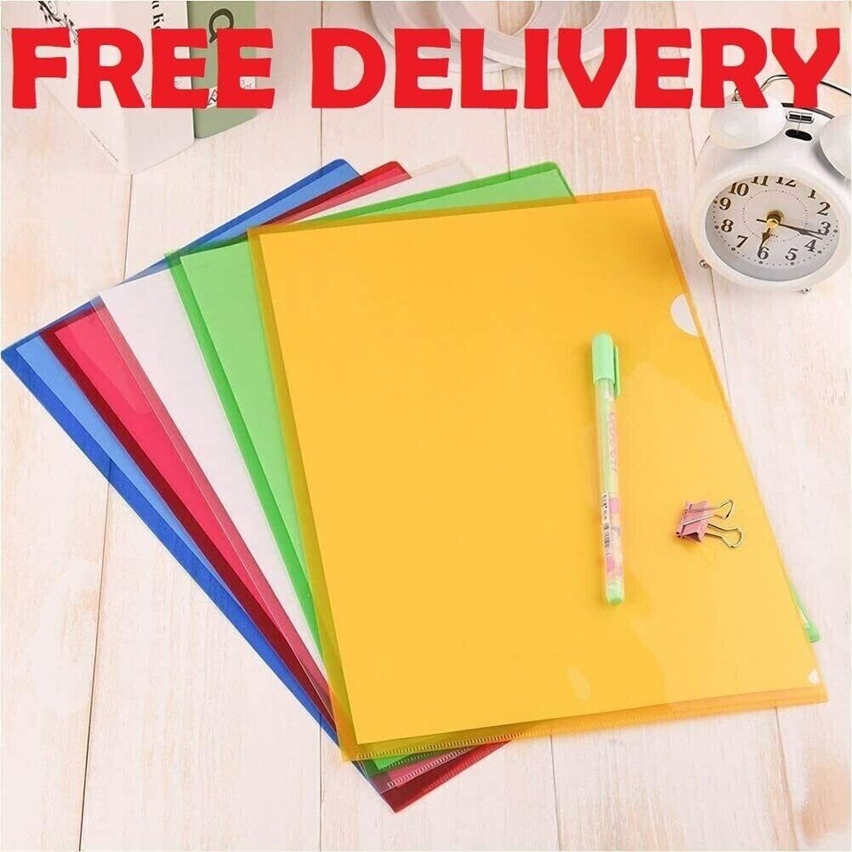 25 PACK - CLEAR Coloured Plastic A4 Cut Flush Folders Wallets Pockets ...