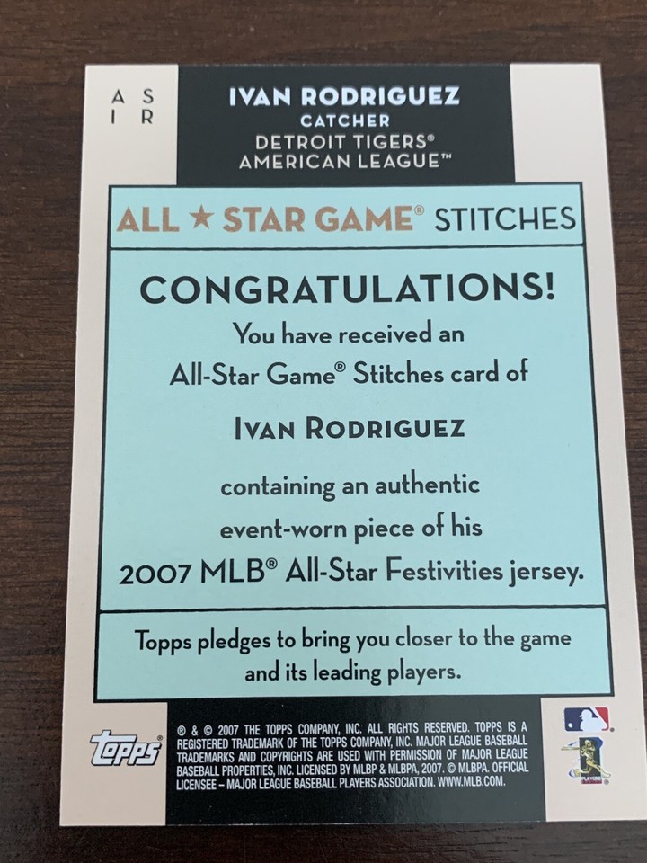 2007 Topps Update #AS-IR Ivan Rodriguez JERSEY All-Star Stitches ...