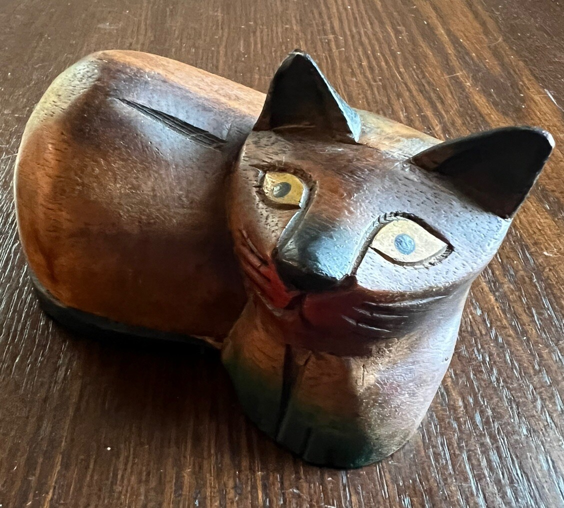 Vintage Wooden Hand Carved Cat Hand Painted Folk Art Figure Sculpture ...