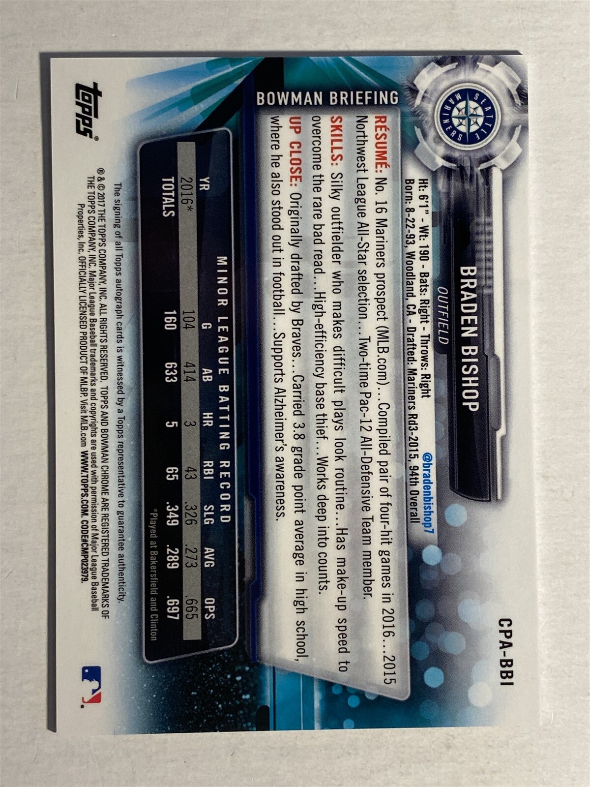 BRADEN BISHOP mariners 2017 Bowman Chrome AUTO Autograph (BB4)-1 | eBay