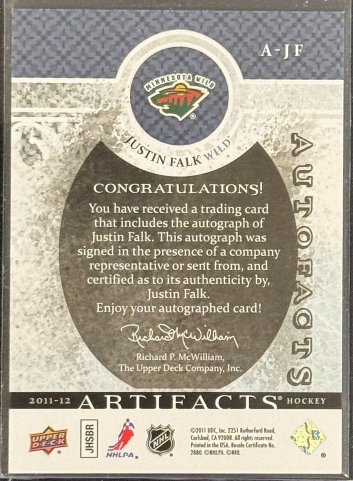 2011-12 Upper Deck Artifacts Autofacts Justin Falk #A-JF Auto Minnesota ...